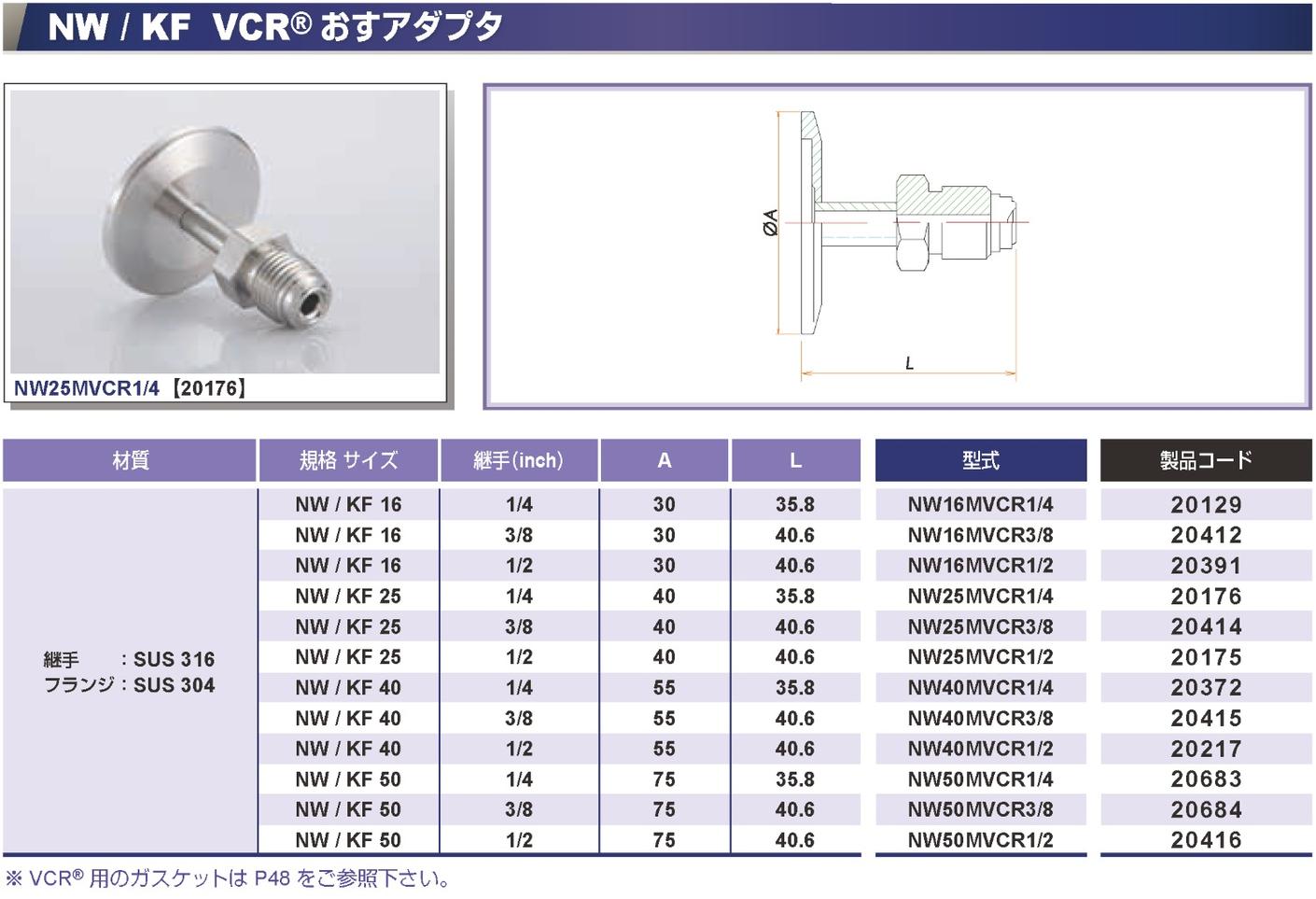 NW25MVCR1/2 / NW25+1/2インチ おすVCR®アダプタ | 【公式】コスモ・テック | 真空部品通販サイト